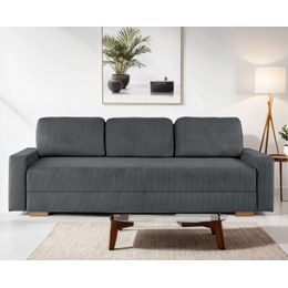 3-Sitzer Home Affaire "SHERIDIAN Schlafsofa mit Bettkasten, in Feincord & Velvet", grau (anthrazit), B:225cm H:80cm T:94cm, 100% Polyester, Sofas, mit Wellenunterfederung, moderne Bez&uuml;ge, B/H/T 225/94/80
