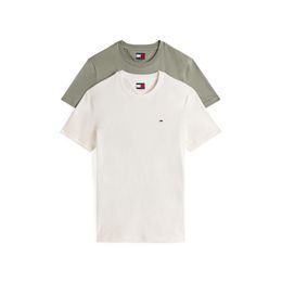 Rundhalsshirt Tommy Jeans "TJM XSLIM 2PACK JERSEY TEE EXT", Herren, Gr. L, ecru, utility sage, Single Jersey, Obermaterial: 100% Baumwolle, slim fit normal, Rundhals, eingesetzt abgesteppte Kante, Shirts Rundhalsshirt, Logostickerei, 2Pack