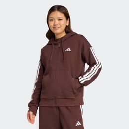 Kapuzensweatshirt adidas Sportswear "W 3S FL FZ HD", Damen, Gr. S, shadow braun, weiß, Obermaterial: 55% Baumwolle, 36% Polyester, 9% Viskose, Sweatshirts