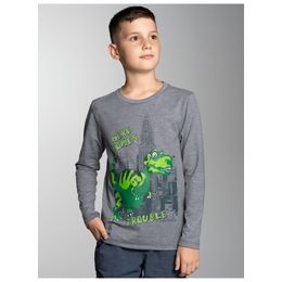 Sweatshirt TRIGEMA "TRIGEMA Langarmshirt mit Trouble Dino-Printmotiv", Jungen, Gr. 152, grau (steingrau, melange), 50% Baumwolle, 50% Polyester, Basic, Sweatshirts Sweatshirt