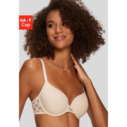 Schalen-BH Lascana, Damen, Gr. 75, Cup D, beige (puder), Microtouch, Obermaterial: 86% Polyamid (TACTEL), 14% Elasthan (LYCRA), BHs Schalen-BH, mit R&uuml;cken aus blumiger, elastischer Spitze, Dessous