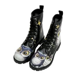 Schnürboots DOGO "Long Boots Schnürstiefel Owls Family Black Damen Stiefeletten", Damen, Gr. 36, Normalschaft, schwarz, Lederimitat, Schuhe, Handgefertigt