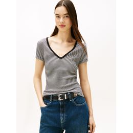 Kurzarmshirt Tommy Jeans "TJW SLIM ESSENTIAL RIB V SS", Damen, Gr. M (38), schwarz, ecru stripe, Single Jersey, Obermaterial: 95% Baumwolle, 5% Elasthan, gestreift, slim fit kurz, tiefer V-Ausschnitt, abgesteppt, Shirts