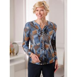Rundhalsshirt CLASSIC "Winter-Shirt", Damen, Gr. 38, braun (cognac, bleu, bedruckt), 95% Polyester, 5% Elasthan, gemustert, mehrfarbig, Rundhals, Shirts