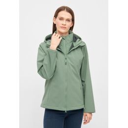 Softshelljacke Derbe "Adeby", Damen, Gr. 34, gr&uuml;n (hedge gr&uuml;n, deep forest), Obermaterial: 94% Polyester, 6% Elasthan; Futter: 94% Polyester, 6% Elasthan, tailored fit, B&uuml;ndchen, Jacken Softshelljacke, 2-Wege-Rei&szlig;verschluss, wasserabweisend, winddicht, Kapuze