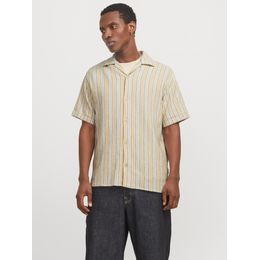 Jack & Jones Kurzarmhemd JACK & JONES "JORCOBA STRIPE RESORT SHIRT SS SN", Herren, Gr. S, N-Gr, golden apricot, Web, Obermaterial: 100% Baumwolle, gestreift, relaxed fit normal, Hemden
