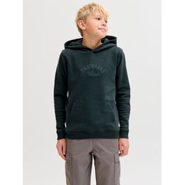 Jack & Jones Kapuzensweatshirt JACK & JONES JUNIOR "JORBLEECKER BRANDING SWEAT HOOD BF JNR", Jungen, Gr. 164, forest river detail:org, angeraute Sweatware, Obermaterial: 70% Baumwolle, 30% Polyester, bedruckt, unifarben, loose fit h&uuml;ftbedeckend, Rundhals, Rippb&uuml;ndchen, Sweatshirts