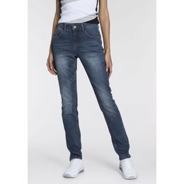 Relax-fit-Jeans Kangaroos "RELAX-FIT HIGH WAIST", Damen, Gr. 46, N-Gr, blau (dunkelblau u), Denim/Jeans, Obermaterial: 67% Baumwolle, 32% Polyester (REPREVE), 1% Elasthan, Abriebeffekte, vintage, Basic, relaxed fit knöchelfrei, Jeans, knöchelfreie Schnittform, krempelbare Beinabschlüsse