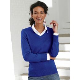 V-Ausschnitt-Pullover Casual Looks "Pullover", Damen, Gr. 46, blau (royalblau), 50% Baumwolle, 50% Polyacryl, meliert, unifarben, figurumspielend, Pullover