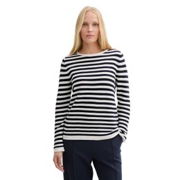 Rundhalspullover Tom Tailor, Damen, Gr. XS (34), blau (schwarz navy wei&szlig; stripe), Strick, Obermaterial: 100% Baumwolle, gestreift, regular fit normal, U-Boot-Ausschnitt, Pullover Rundhalspullover, aus Rippstrick