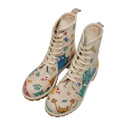 Schn&uuml;rboots DOGO "Long Boots Schn&uuml;rstiefel Cat Lovers Damen Stiefeletten, Longe", Damen, Gr. 37, Normalschaft, bunt (natur), Lederimitat, Schuhe Schn&uuml;rboots, Handgefertigt
