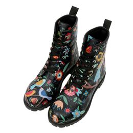 Schn&uuml;rboots DOGO "Long Boots Schn&uuml;rstiefel Flower & Birds Black Damen", Damen, Gr. 41, Normalschaft, schwarz, Lederimitat, Schuhe Schn&uuml;rboots, Handgefertigt