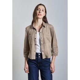 Hemdbluse Street One, Damen, Gr. 44, beige (driftwood beige), Stoff, 88% Polyester, 12% Elasthan, unifarben, gerade normal, V-Ausschnitt, Bündchen, Blusen Hemdbluse, mit 3/4 Ärmeln