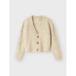 Strickjacke name it "NKFHOLLY BOXY SHORT KNIT CARD NOOS", M&auml;dchen, Gr. 116, beige (pure cashmere), Strick, Obermaterial: 79% Polyester, 13% Polyacryl, 5% Wolle, 3% Elasthan, unifarben, normal h&uuml;ftlang, tiefer V-Ausschnitt, Strickb&uuml;ndchen, Strickjacken Strickjacke, in modischer Boxy-Form, mit tiefem V-Ausschnitt