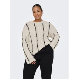 Rundhalspullover Only CARMAKOMA "CARTESSA CABEL STITCH LS O-NECK KNT", Damen, Gr. L, schwarz (birch detail:melange, schwarz), Strick, Obermaterial: 100% Polyacryl, meliert, hoch geschlossener Ausschnitt, Pullover Rundhalspullover