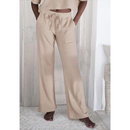 Homewearhose Lascana, Damen, Gr. 36/38, N-Gr, beige (sand, meliert), Rippware, Obermaterial: 56% Polyester, 41% Viskose, 3% Elasthan, meliert, unifarben, bequem lang, Hosen, -Lounge-/Strickhose mit weitem Bein und seitlichen Taschen, Loungewear