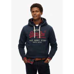 Kapuzensweatshirt Superdry "SD-VL HERITAGE RELAXED HOOD", Herren, Gr. S, blau (trench navy), Jersey, Obermaterial: 55% Baumwolle, 45% Polyester, bedruckt, relaxed fit normal, ohne Ausschnitt, Rippbündchen, Sweatshirts