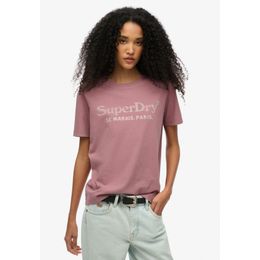 Kurzarmshirt Superdry "VENUE METALLIC RELAXED TEE", Damen, Gr. XS, lila (grape shake lila), Single Jersey, Obermaterial: 100% Baumwolle, bedruckt, relaxed fit normal, Rundhals, Shirts