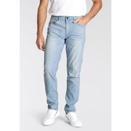 H.I.S. Slim-fit-Jeans H.I.S "FLUSH", Herren, Gr. 31, Länge 32, blau (l. blau), Denim/Jeans, Obermaterial: 76% Baumwolle, 16% Polyester, 7% Viskose, 1% Elasthan, schmal lang, Jeans, schmale Beinform, mit Used-Effekten, niedrige Leibhöhe