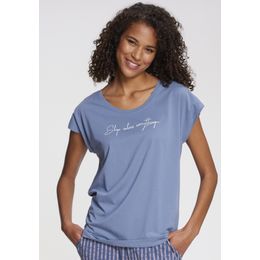 Pyjamaoberteil Vivance Dreams, Damen, Gr. 32/34, blau (hellblau), Single Jersey, Obermaterial: 50% Baumwolle, 50% Viskose, unifarben, Basic, Rundhals, Shirts, Mit kleinem Frontprint