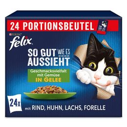 FELIX So gut wie es aussieht in Gelee Geschmacksvielfalt mit Gemüse Katzen-Nassfutter ohne künstliche Aroma- und Farbstoffe Stückchen in Gelee 24x85g