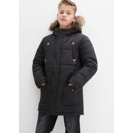 bonprix Winterparka mit Lederimitat-Details und Fellkapuze, schwarz, Gr.152/158, Sch&ouml;ne Jungen Funktions-Winterjacke mit Kapuze