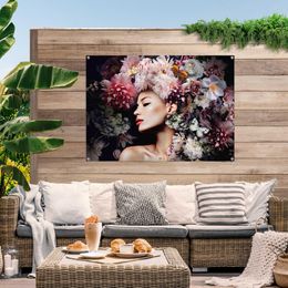 Poster Reinders, B:140cm H:100cm T:0,1cm, rosa, Leinwand, K&uuml;che, Bilder, "Frau mit Blumenhut", leichtes und wasserfestes Gartenposter f&uuml;r den