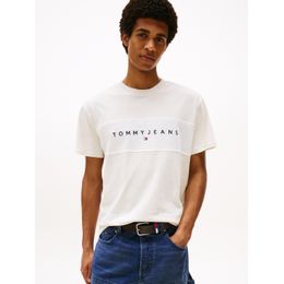 Tommy Jeans Herren T-Shirt "TJM REG CBLK LINEAR LOGO TEE", beige, Gr. L, Single Jersey, Obermaterial: 100% Baumwolle, Shirts