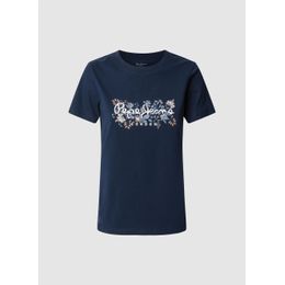 Pepe Jeans Damen T-Shirt "ROSALIND", blau, Gr. XL, bedruckt, Single Jersey, Obermaterial: 100% Baumwolle, Shirts, mit floralem Print vorn