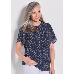 GOLDNER Damen Kurzarmbluse "Kurzgr&ouml;&szlig;e Chiffonbluse Damen mit Tupfen-Alloverprint und Rundhalsausschnitt", blau, Gr. 21, Obermaterial: 100% Polyester