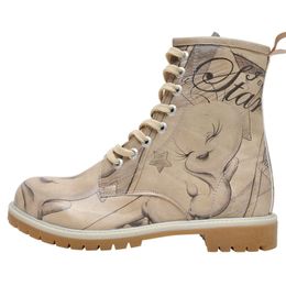 DOGO Damen Schn&uuml;rboots "Long Boots Schn&uuml;rstiefel Tweety Sketch Damen Stiefeletten", Gr. 37, beige, Lederimitat, Schuhe, Handgefertigt