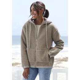 ELBSAND Fleecejacke taupe Gr. 38 f&uuml;r Damen. Mit Schriftzug, Stickereien. Gerade. Nachhaltig.