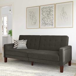Pharao24.de Retro Stil Schlafsofa in Grau Stoff R&uuml;cken Klappmechanik