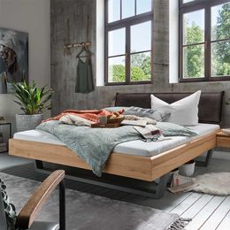 Pharao24.de Doppel Bett aus Kernbuche Massivholz und Metall Polster Kopfteil