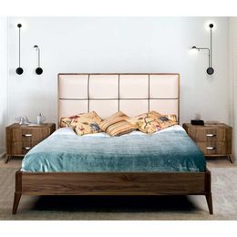 Pharao24.de Außergewöhnliches Design Bett Nussbaum furniert Polsterkopfteil in Beige (dreiteilig)