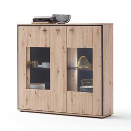 Pharao24.de Highboard Vitrine in Eichefarben und Anthrazit modern