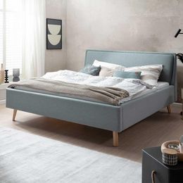 Pharao24.de Polsterbett hellblau im Skandi Design Vierfu&szlig;gestell aus Holz