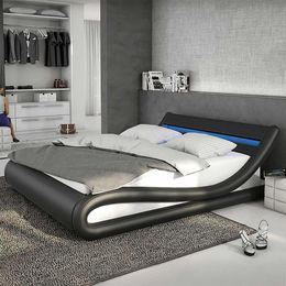 Pharao24.de Design Polsterbett in Schwarz und Wei&szlig; Kunstleder LED Beleuchtung