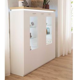 Pharao24.de Highboard Vitrine in Weiß und Wildeiche Optik LED Beleuchtung