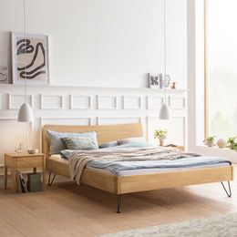 Pharao24.de Eiche hell ge&ouml;lt Bett in modernem Design Vierfu&szlig;gestell aus Metall