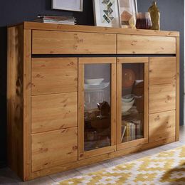 Pharao24.de Wohnzimmer Highboard Vitrine in Eichefarben Kiefer Massivholz