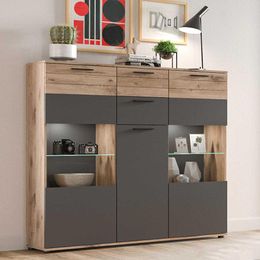 Pharao24.de Esszimmervitrinenschrank in Wildeichefarben und Grau 140x134x37 cm