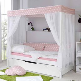 Pharao24.de Kinder Himmelbett mit Ausziehbett Weiß Rosa