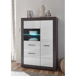 Pharao24.de Wohnzimmer Highboard in Weiß Hochglanz und Beton Grau Glastür