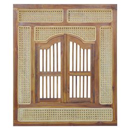 Pharao24.de Spiegel mit Fenster aus Teak Massivholz Rattan Geflecht