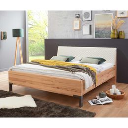 Pharao24.de Doppelbett aus Kernbuche Massivholz Kunstleder in Beige