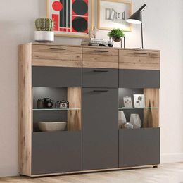 Pharao24.de Esszimmervitrinenschrank in Wildeichefarben und Grau 140x134x37 cm