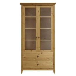 Pharao24.de Esszimmer Vitrinenschrank aus Kiefer Massivholz zwei Schubladen