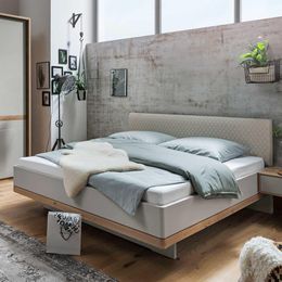 Pharao24.de Design Doppelbett in Beige und Eiche Bianco Polsterkopfteil