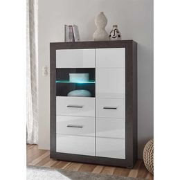 Pharao24.de Wohnzimmer Highboard in Weiß Hochglanz und Beton Grau Glastür
